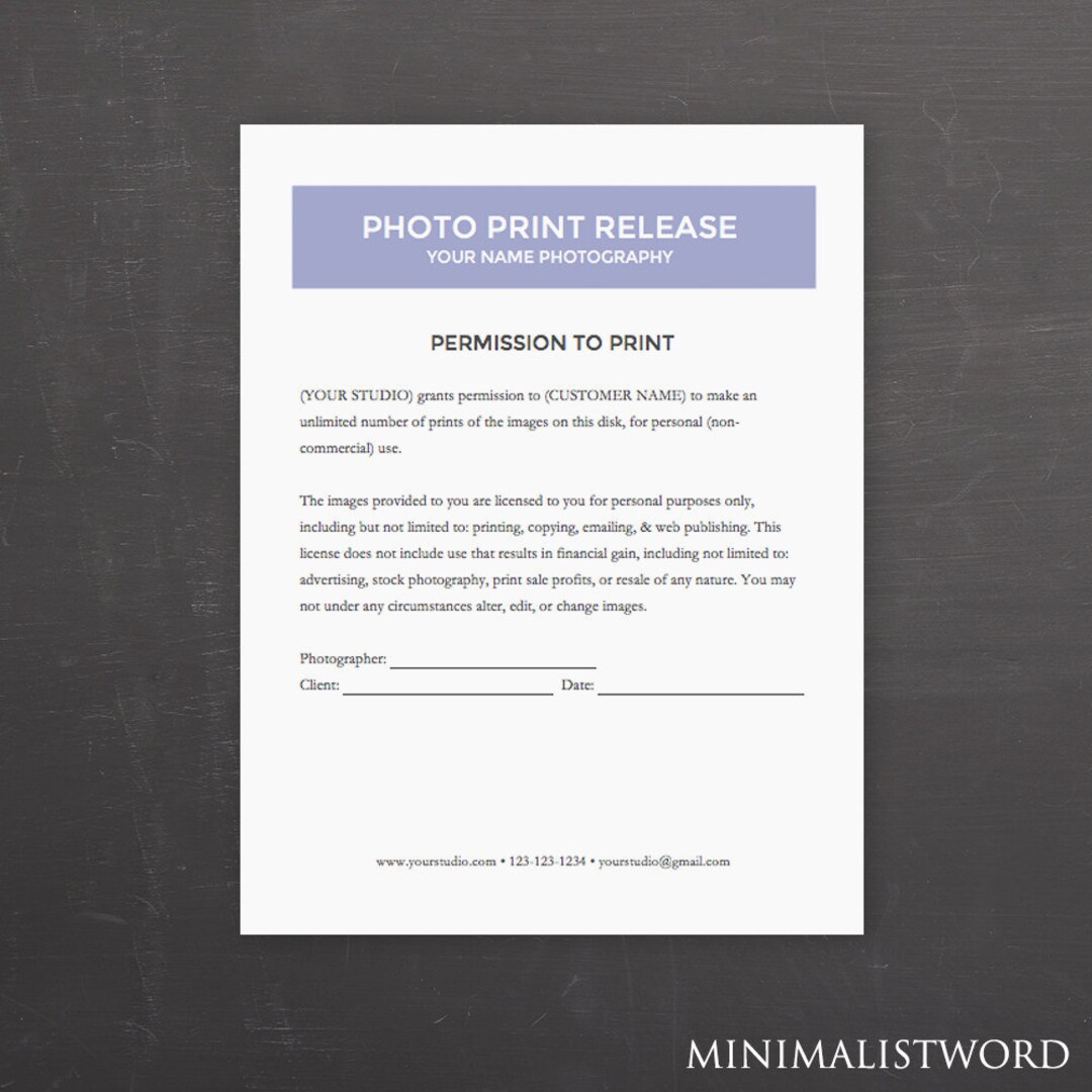 Photo Print Release Form - Photography Template for Photographers - MS ...
