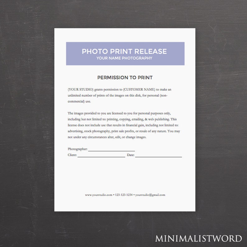 Photo Print Release Form - Photography Template for Photographers - MS ...