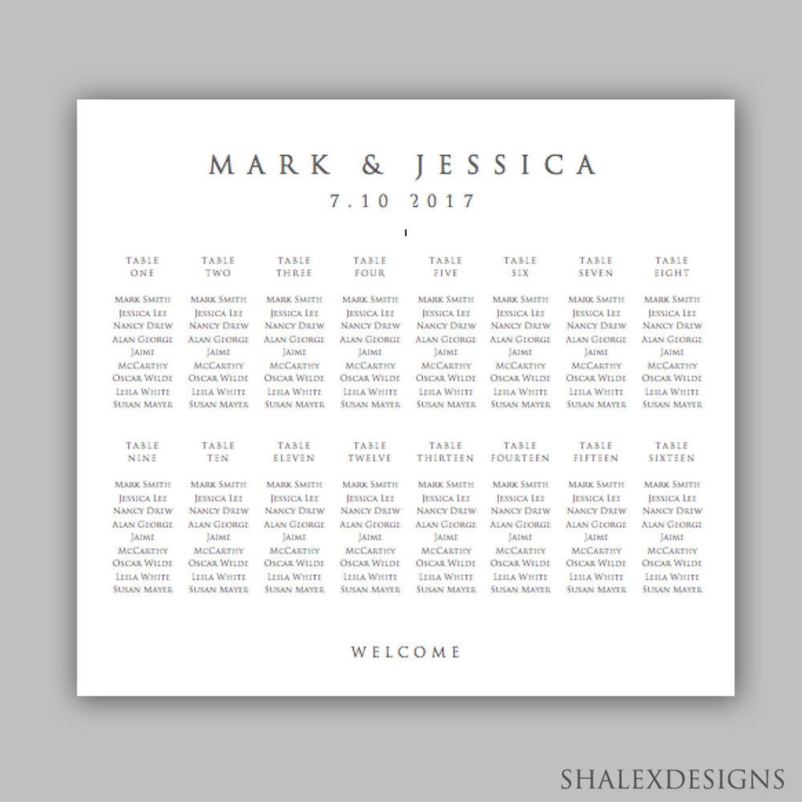 Elegant Wedding Seating Chart Template 16 Tables - Seat Chart Template ...