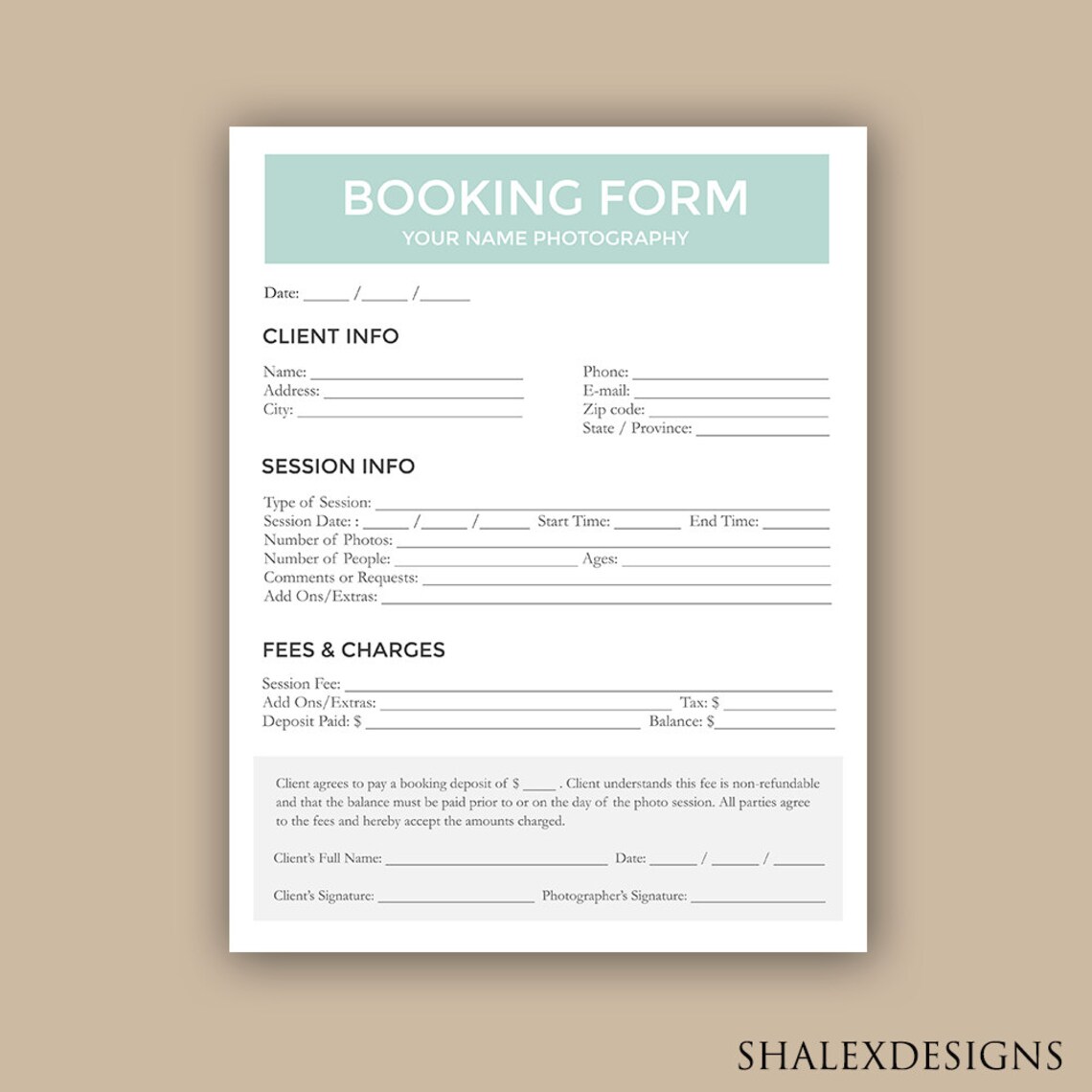Client Booking Form for Photographer, Booking Sessions Template ...