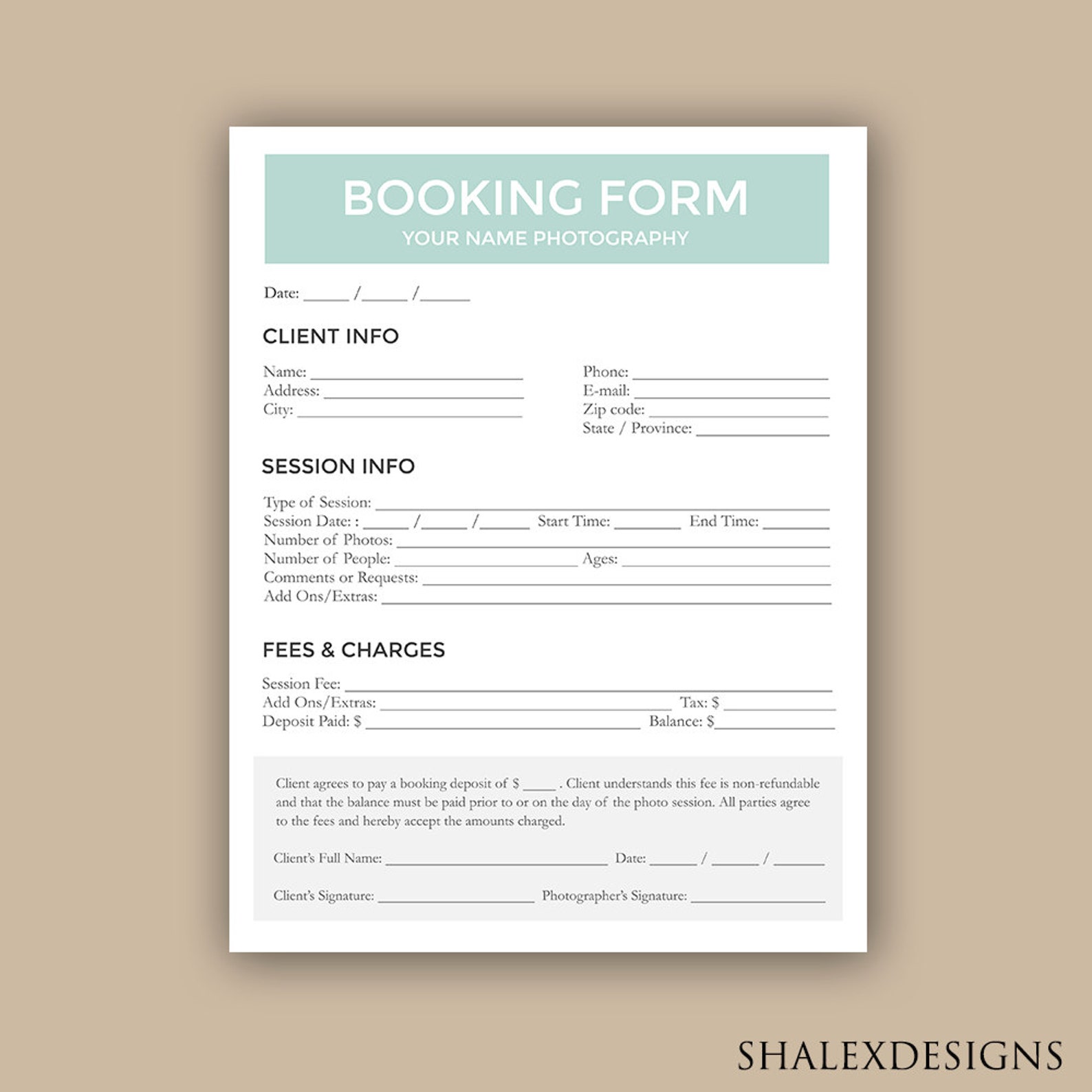 Client Booking Form for Photographer, Booking Sessions Template ...