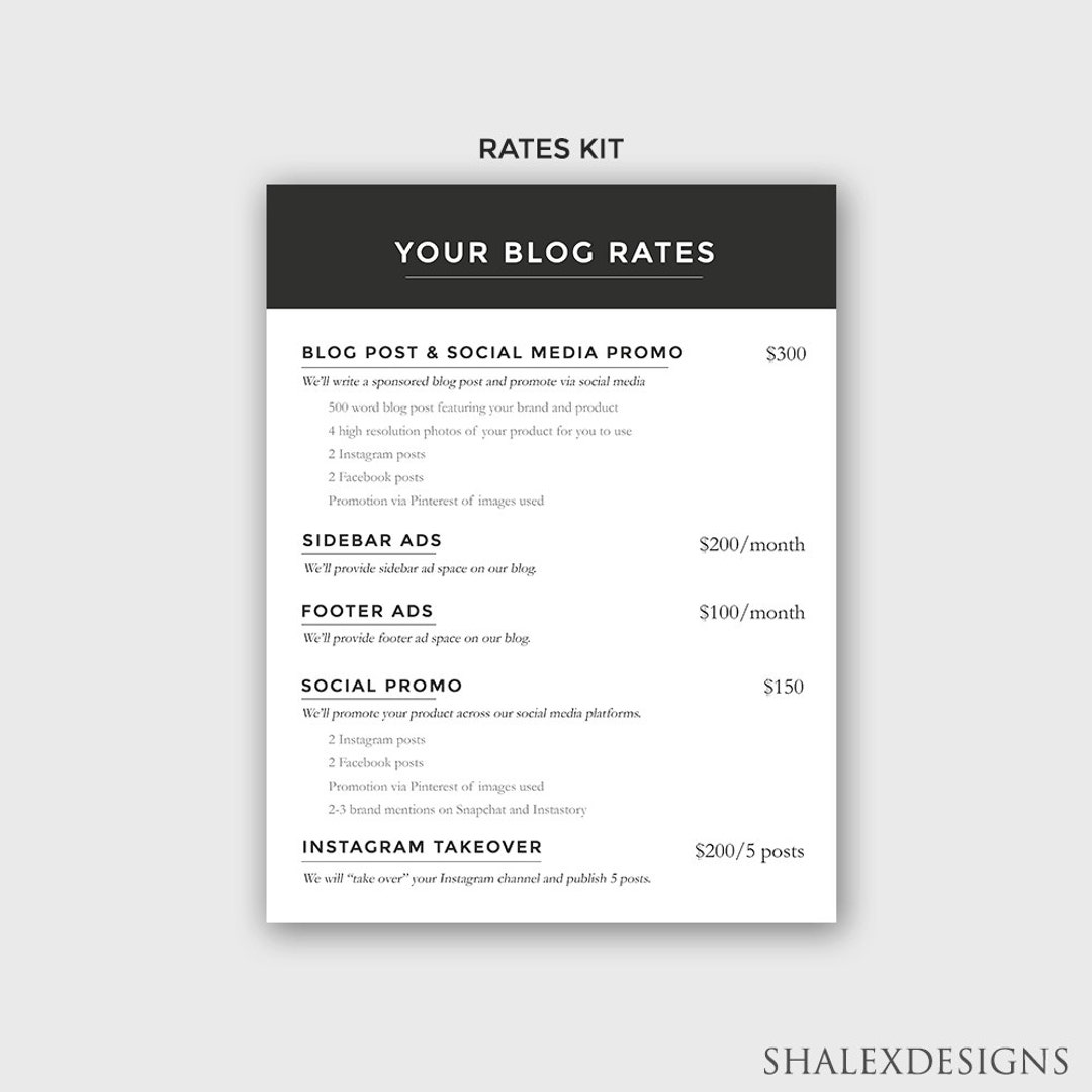 Ad Rate Sheet - Blog Rate Kit, Press Kit Template, Media Kit Pricing ...