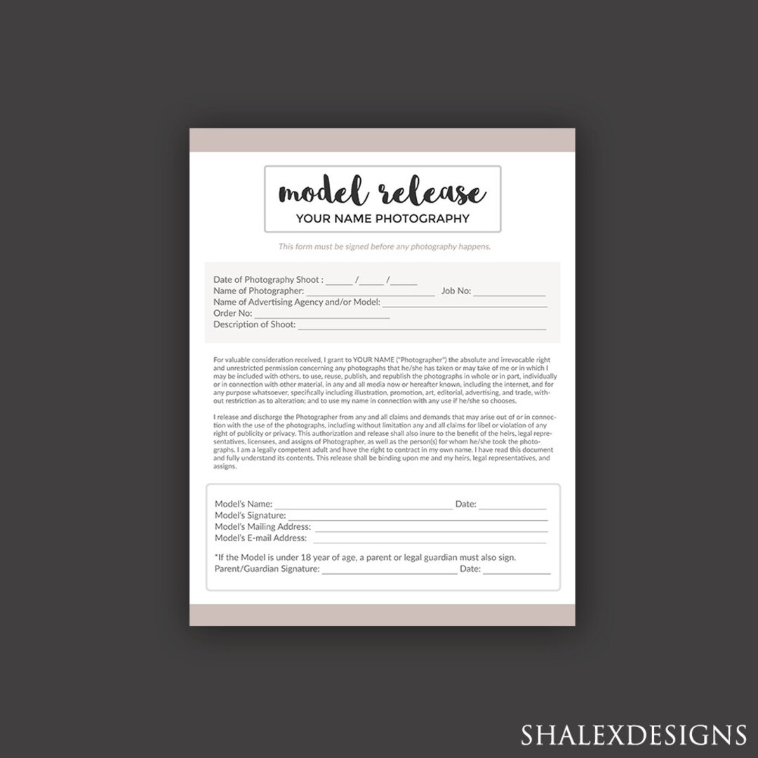 Photography Model Release Forms - Photoshop Template for Photographers ...