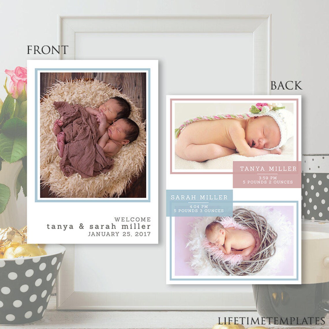 Twin Birth Announcement Template New Baby Card Baby Birth | Etsy
