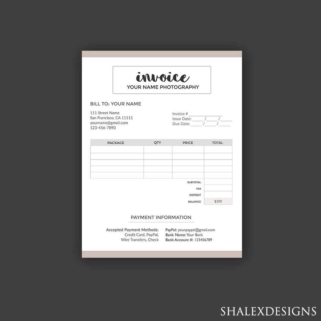 Invoice Template for Photographer, Photography Invoice Receipt Form ...