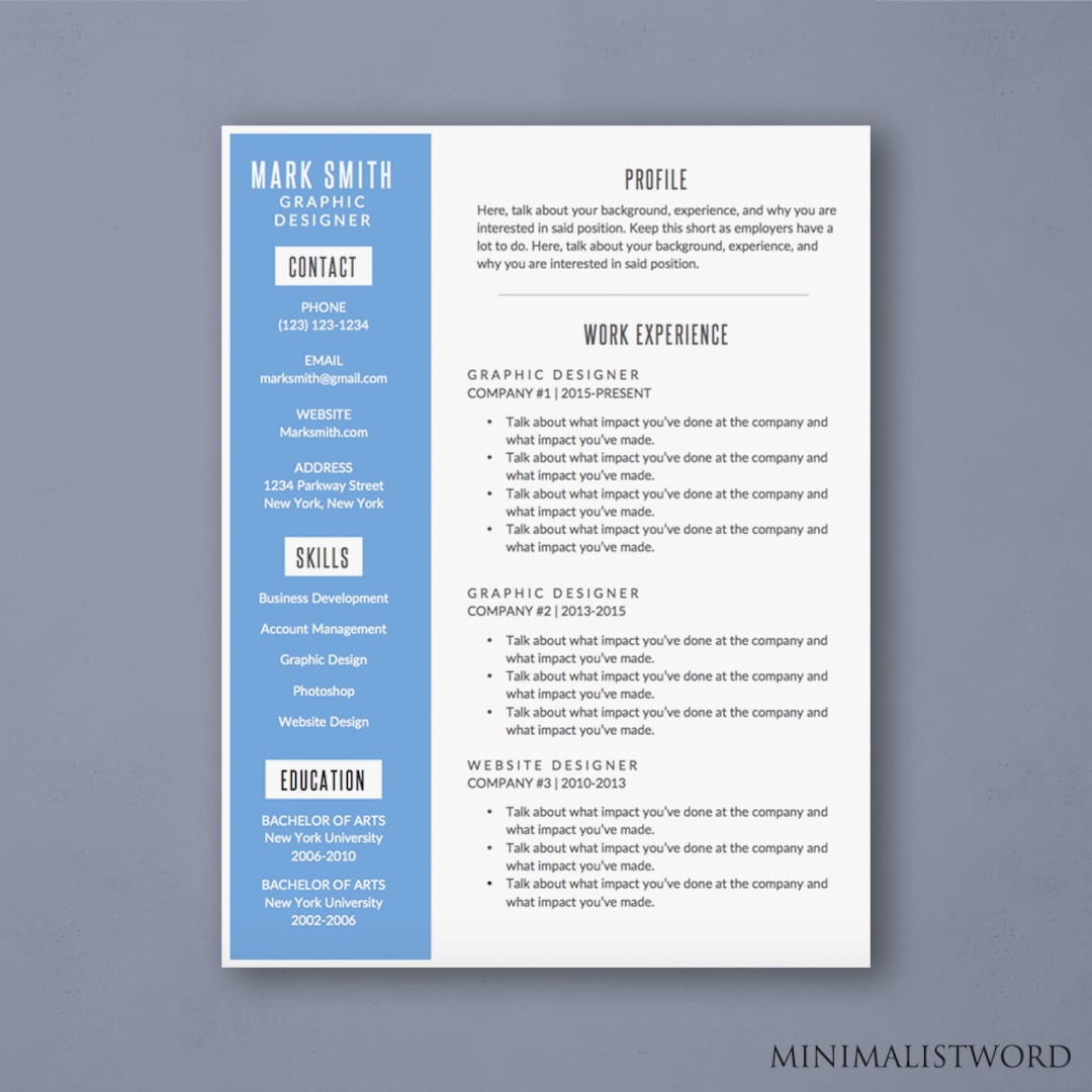 Word Resume Template With Blue Sidebar - Modern Resume Template ...