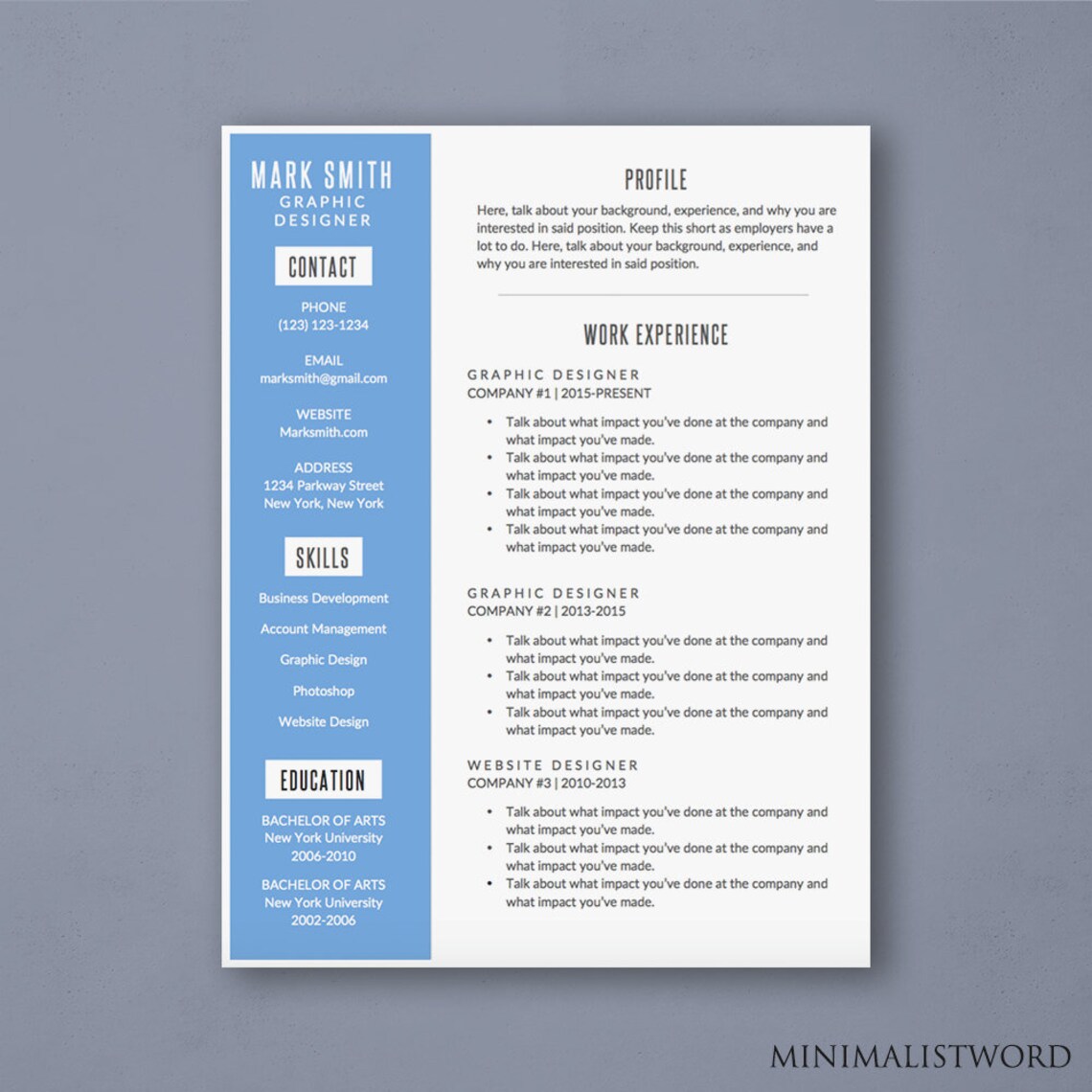 Word Resume Template With Blue Sidebar - Modern Resume Template ...