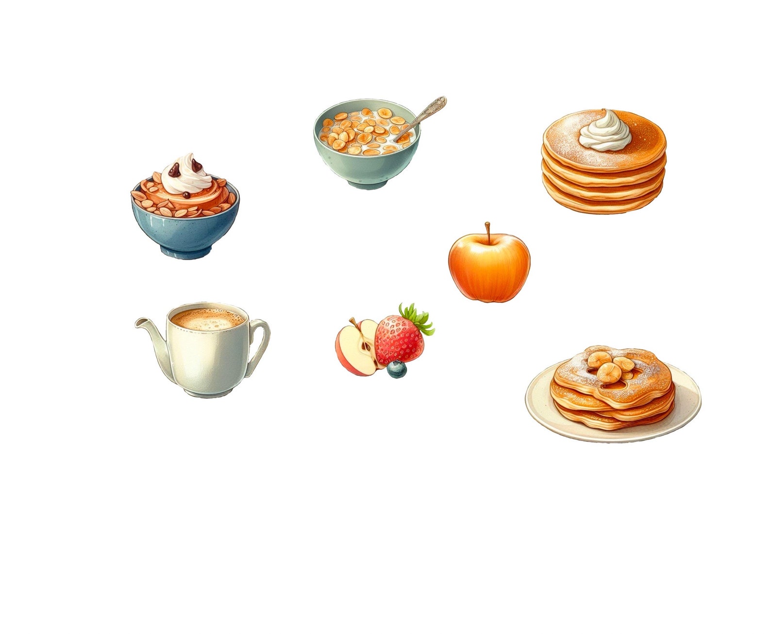 Digital Watercolor Breakfast Digital Clipart Cereal Pancakes French ...