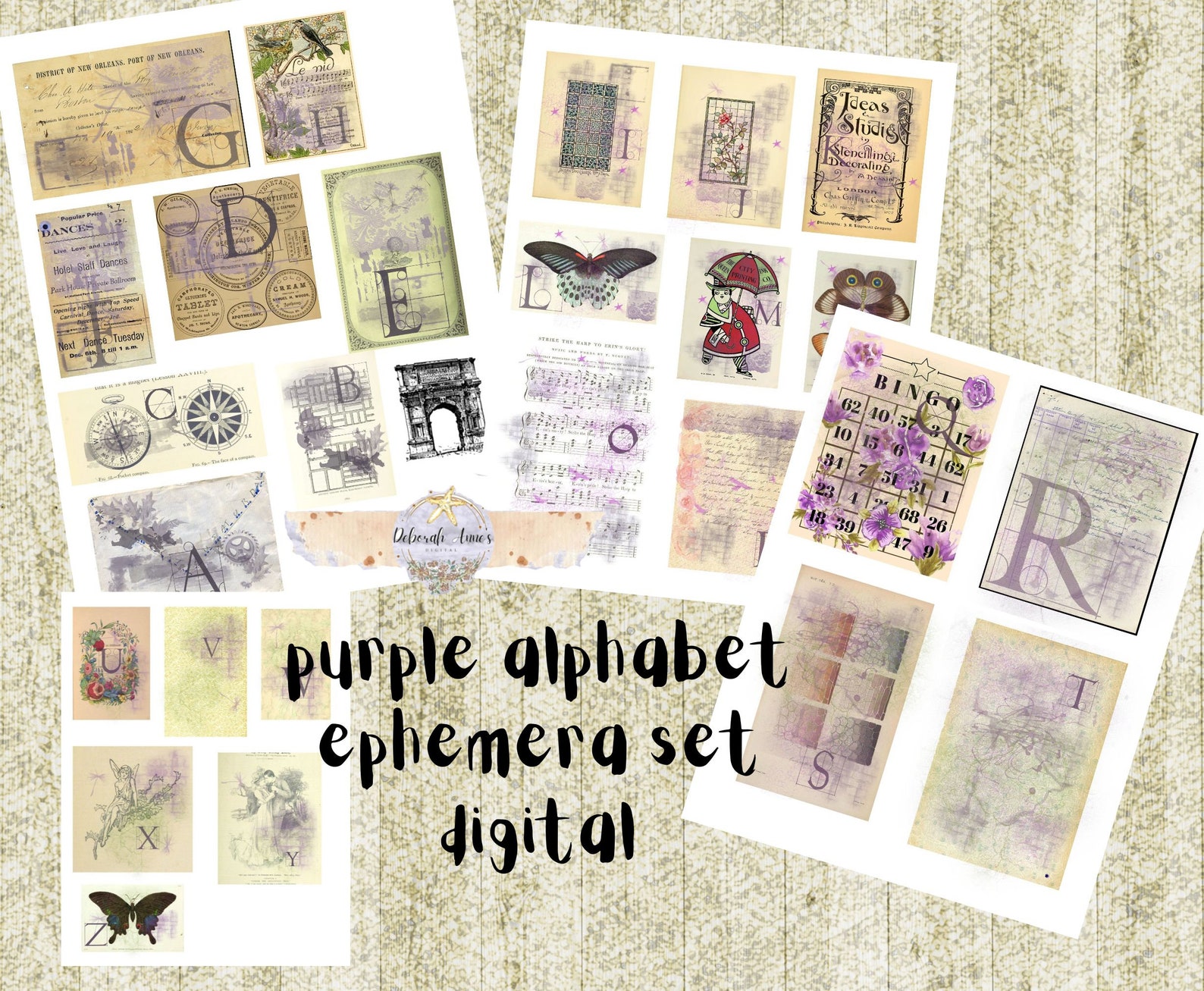 Printable Purple Alphabet Ephemera Junk Journal Elements Scrapbooking ...