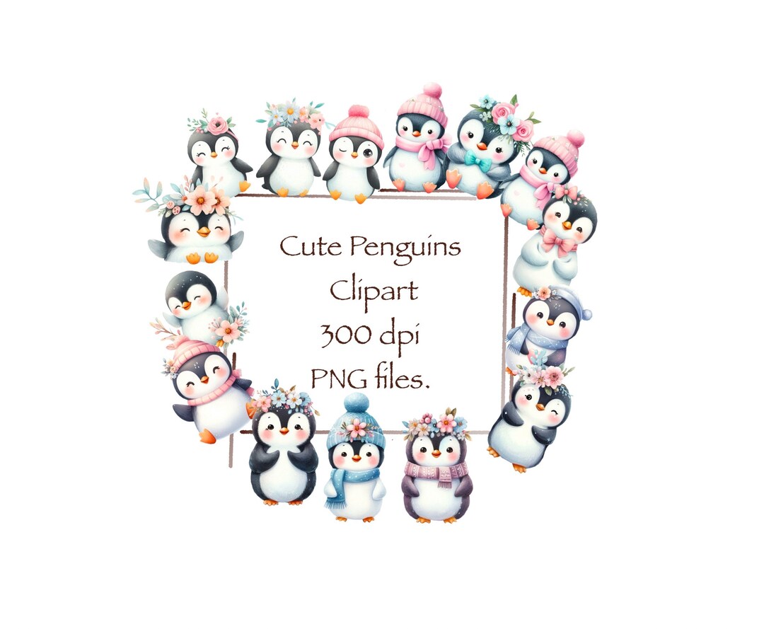 Cute Christmas Penguins Digital Clipart PNG 300 DPI Flowers - Etsy