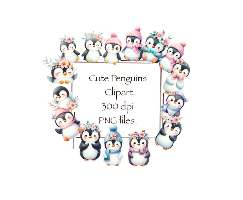 Cute Christmas Penguins Digital Clipart PNG 300 DPI Flowers - Etsy