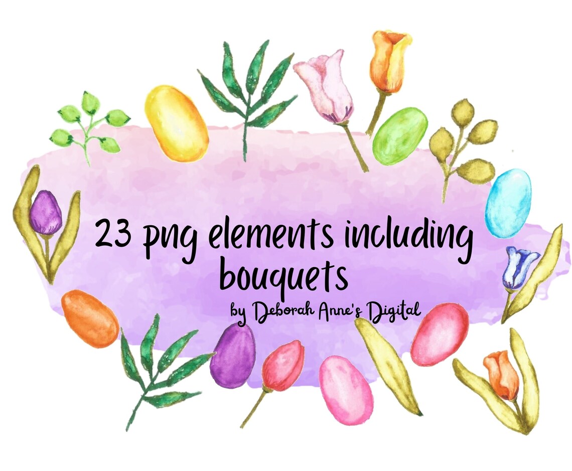 Digital Printable Easter Clipart Colored Eggs Tulips Bouquets Leaves ...