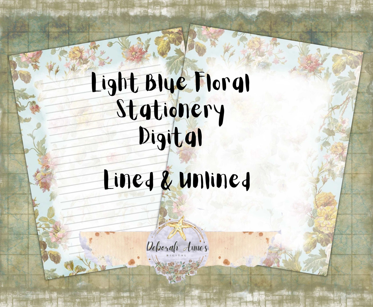 Digital Light Blue Floral Border Stationery Writing Paper Lined and ...