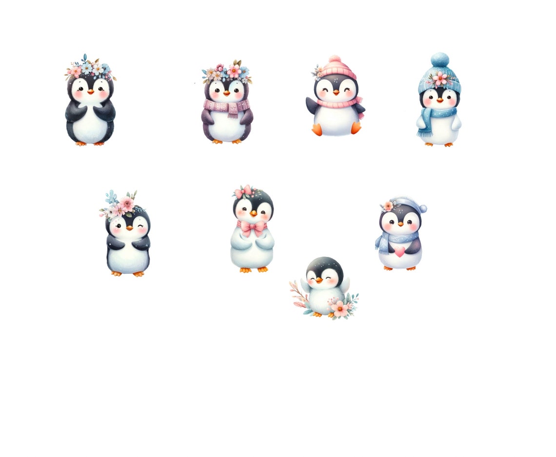 Cute Christmas Penguins Digital Clipart PNG 300 DPI Flowers - Etsy