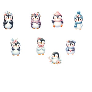 Cute Christmas Penguins Digital Clipart PNG 300 DPI Flowers - Etsy