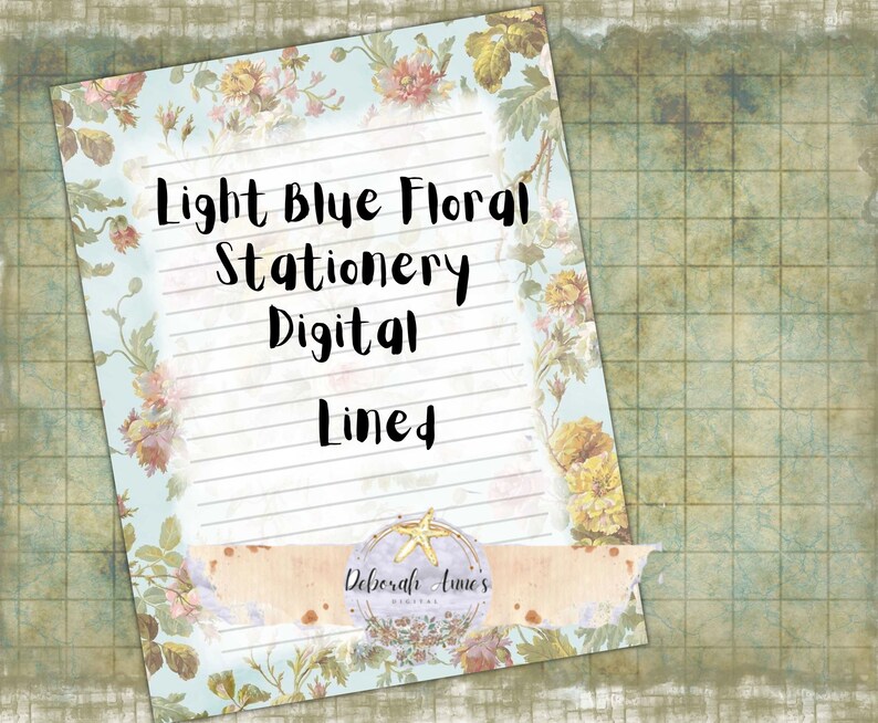 Digital Light Blue Floral Border Stationery Writing Paper Lined and ...