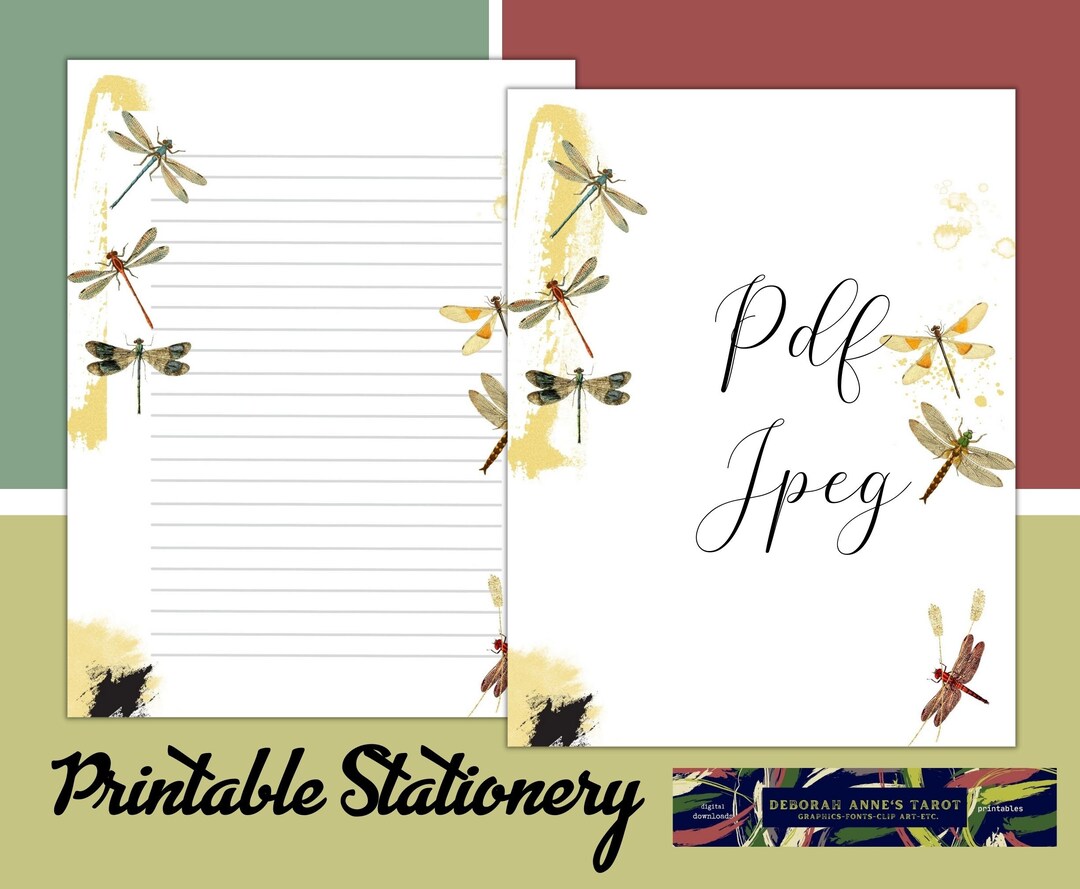 Dragonfly Stationery Writing Paper Lined Unlined Printable Digital ...