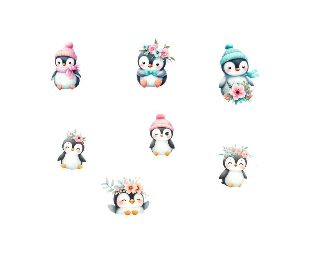 Cute Christmas Penguins Digital Clipart PNG 300 DPI Flowers - Etsy