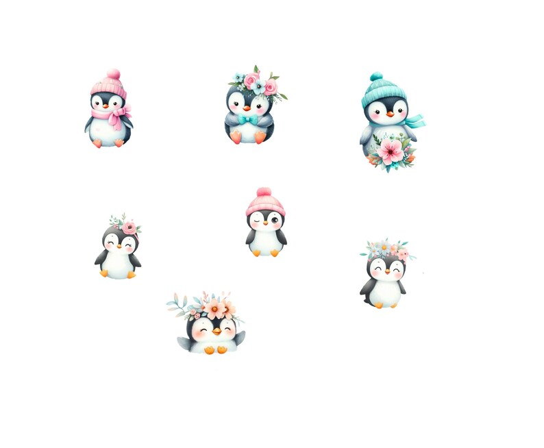 Cute Christmas Penguins Digital Clipart PNG 300 DPI Flowers - Etsy
