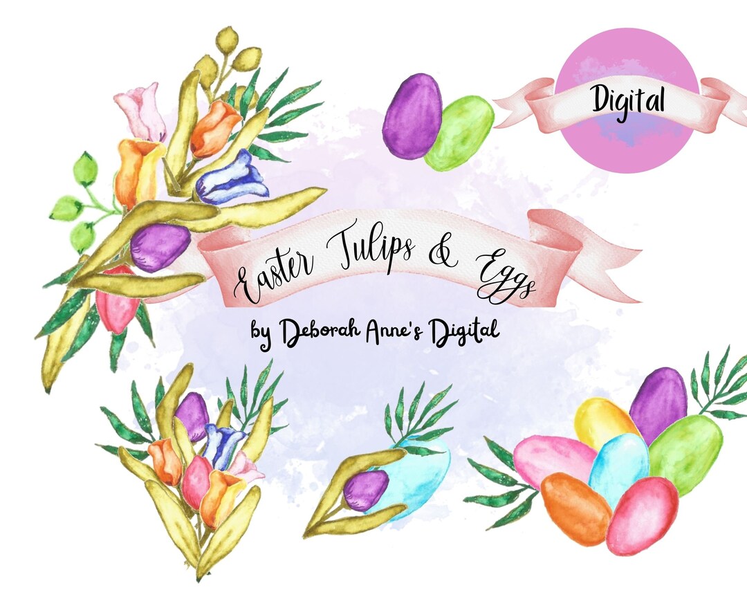 Digital Printable Easter Clipart Colored Eggs Tulips Bouquets Leaves ...