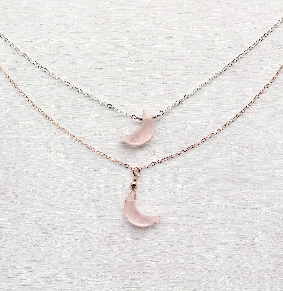 Rose Quartz Moon Necklace, Gold Moon Choker, Real Rose Quartz, Taurus ...