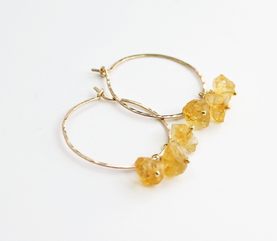 Small Gold Hoop Earrings & Raw Citrine, Raw Crystal Earrings, November ...