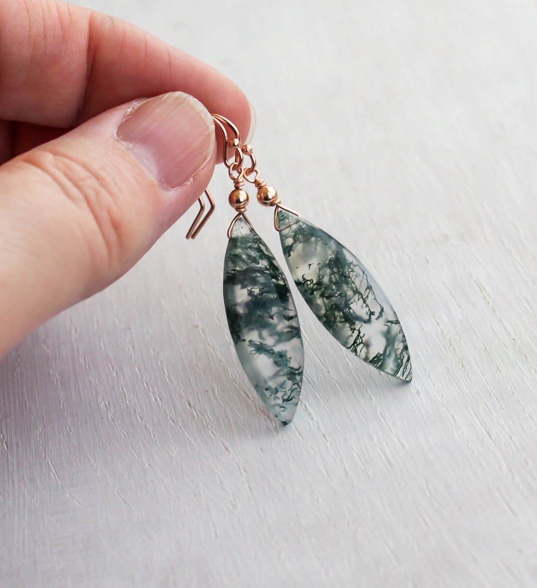 Large Moss Agate Earrings Rose Gold, Navette Earrings, Moss Agate ...