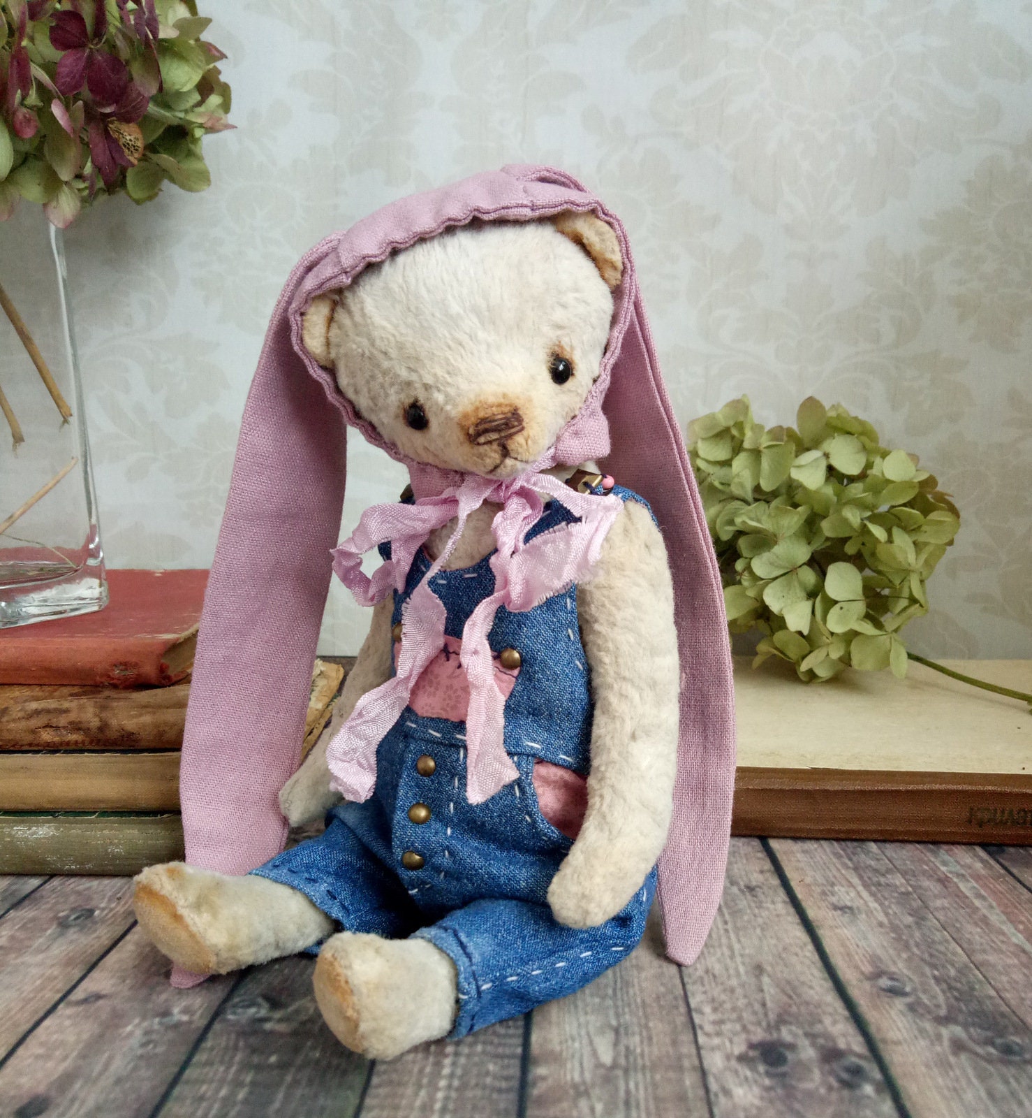 Teddy Bear in Denim Overalls and a Hat With Rabbit Ears Cute - Etsy