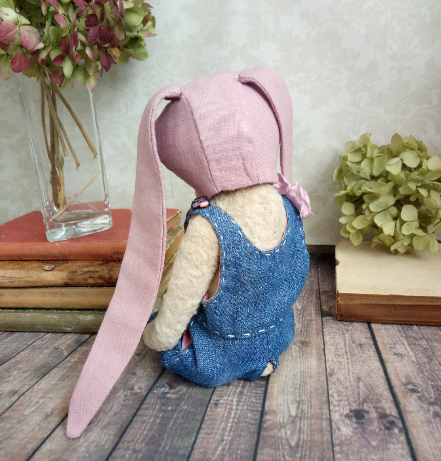 Teddy Bear in Denim Overalls and a Hat With Rabbit Ears Cute | Etsy