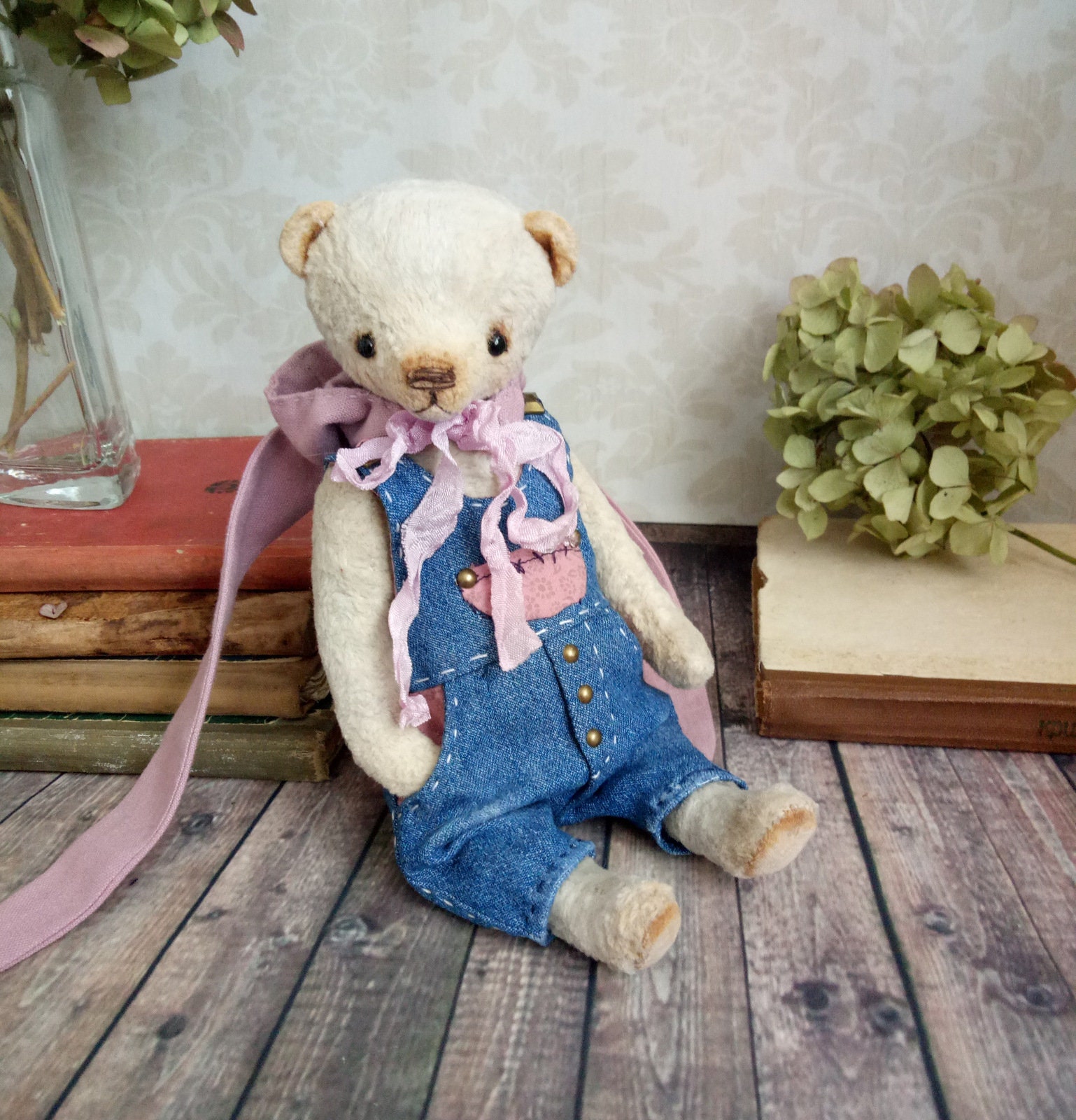 Teddy bear in denim overalls and a hat with rabbit ears Cute | Etsy