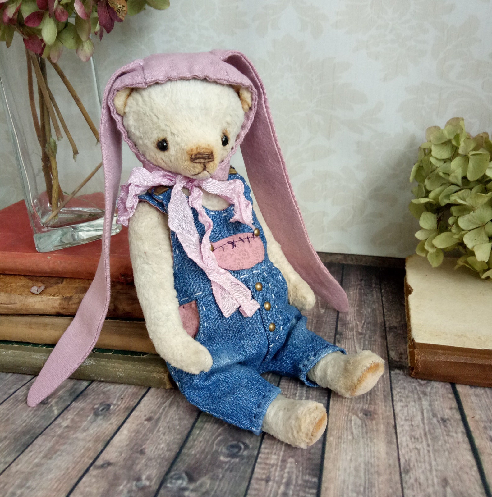 Teddy Bear in Denim Overalls and a Hat With Rabbit Ears Cute | Etsy