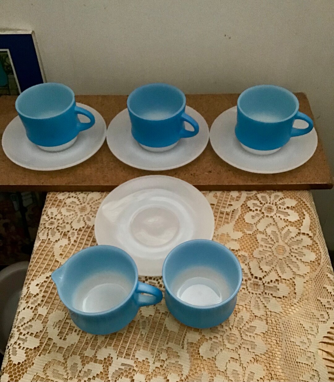 Fire King Rare Blue Mosaic Pattern 3 Cups & Saucers Plus Sugar and ...