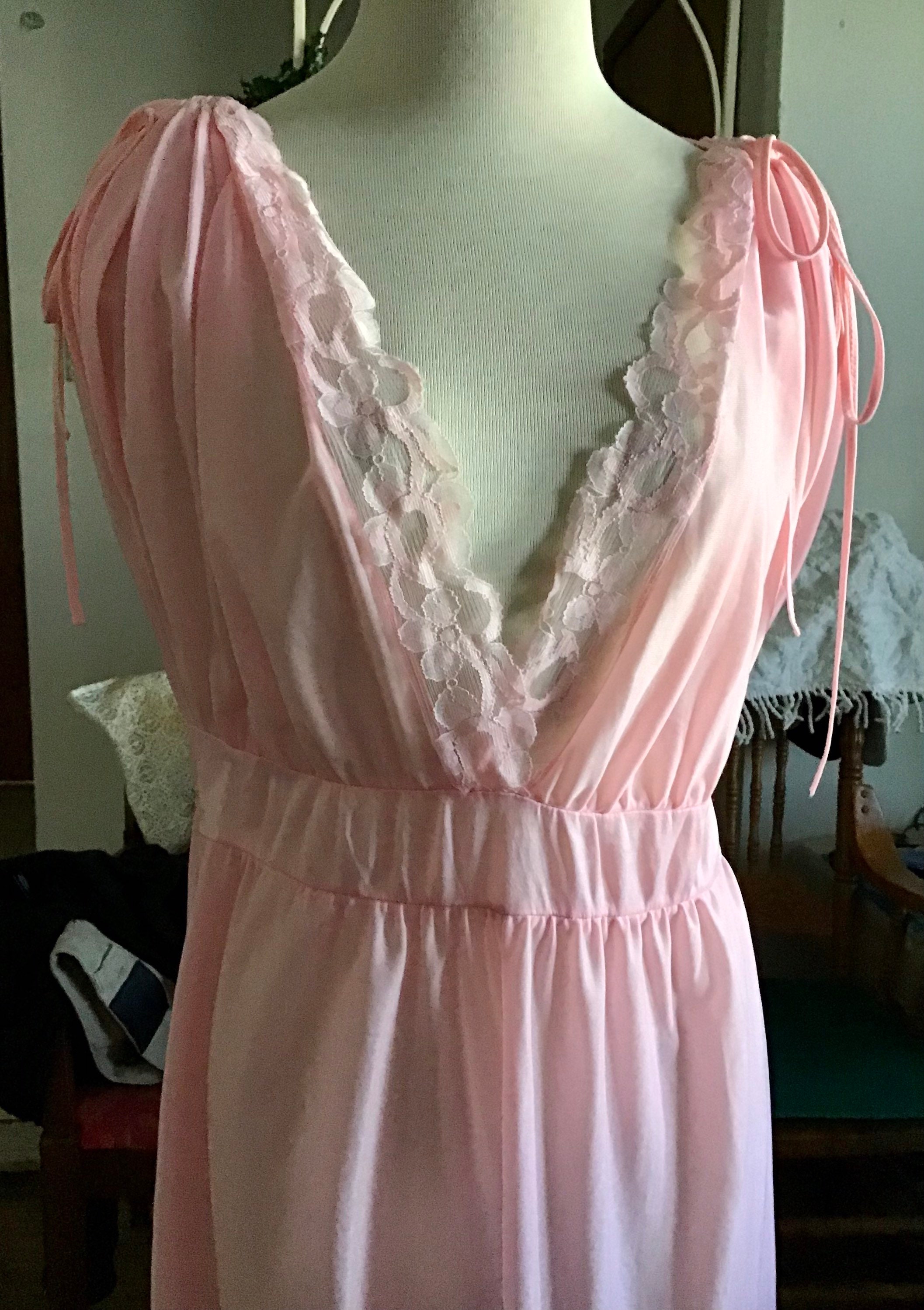 Vintage, Sexy Soft Pink Nightie Ankle Length Nylon Nightgown, Deep V ...