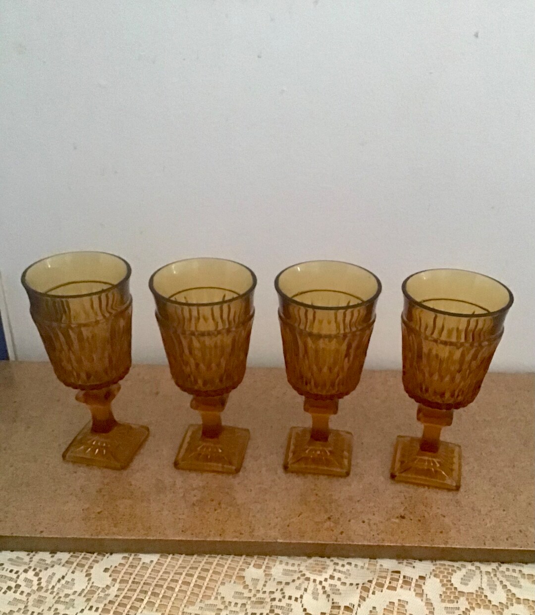 Amber Indiana Glass Mount Vernon Pattern Square Footed Small Goblets, 4 in Set, Strong, Solid ...