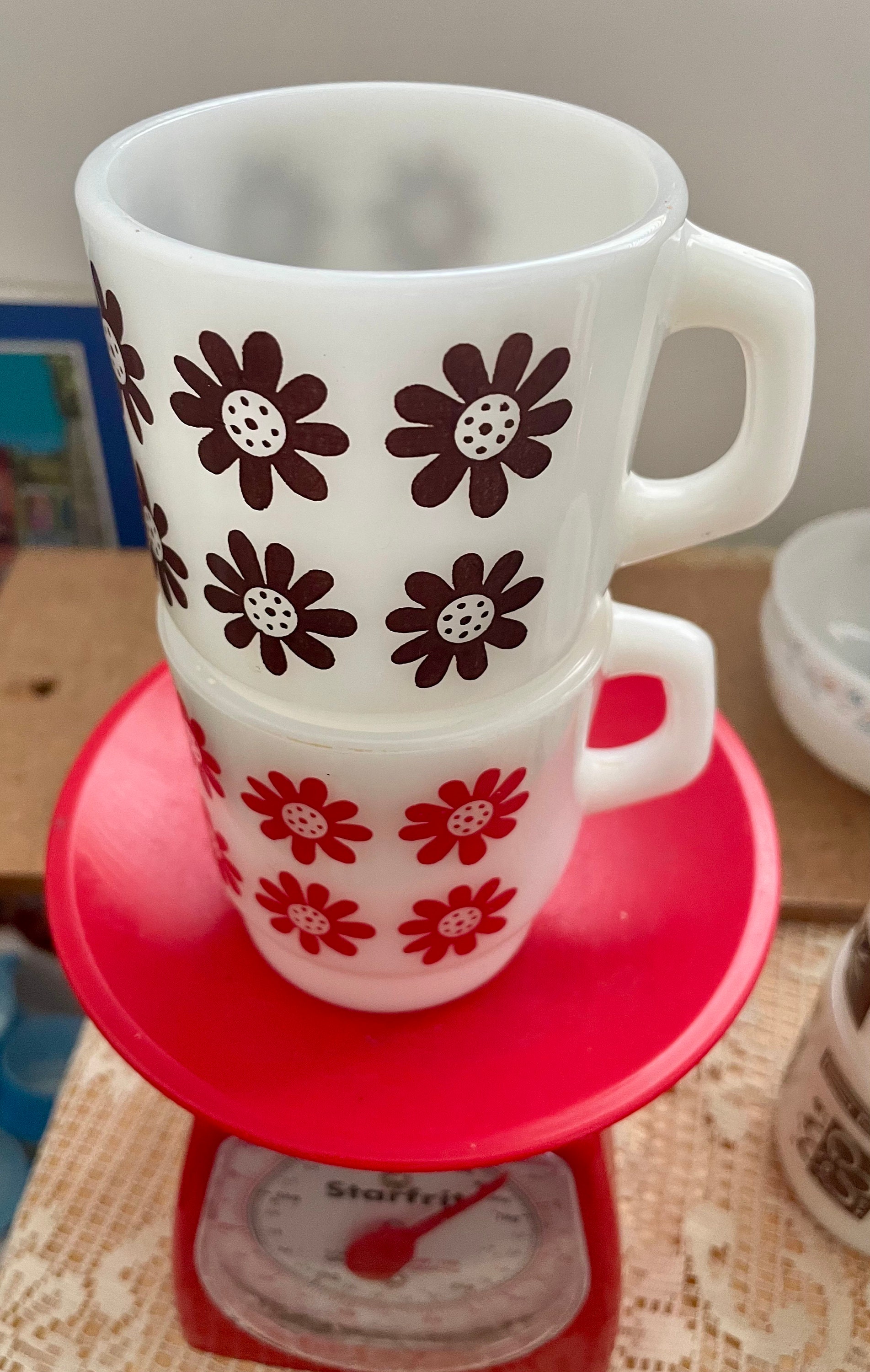 Four Fire King Anchor Hocking Stacking Mugs Daisy and Atomic Patterns ...