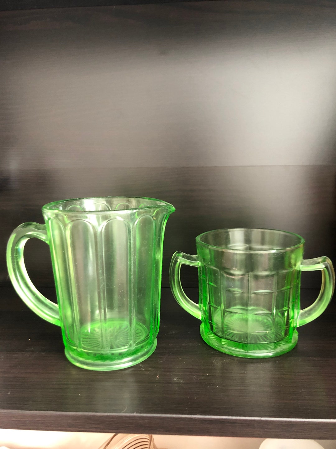 Two Hazel Atlas Depression Uranium Glass Jugs Vintage 1930's/40's Green ...