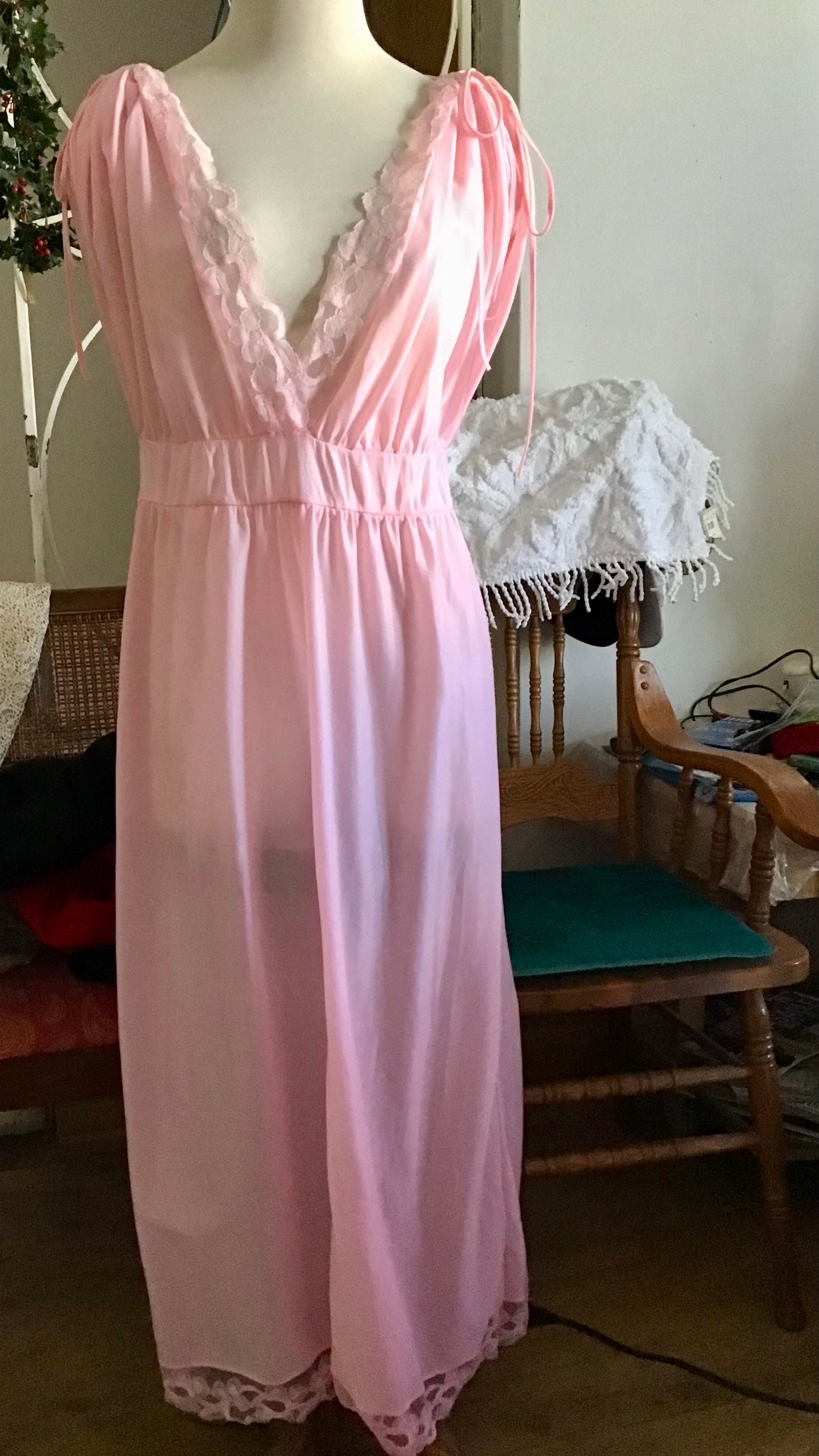 Vintage, Sexy Soft Pink Nightie Ankle Length Nylon Nightgown, Deep V ...