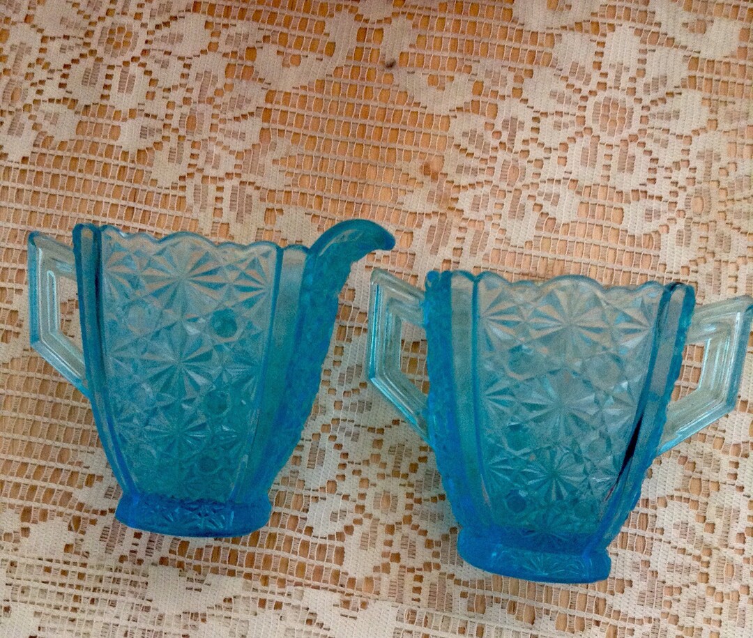 Vivid Aquamarine Blue Depression Glass Creamer and Open Sugar Bowl ...