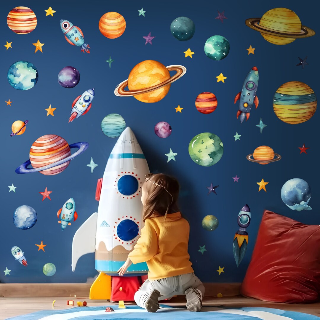 Solar System Wall Decals Space Watercolor Nursery Planets Kids Bedroom ...