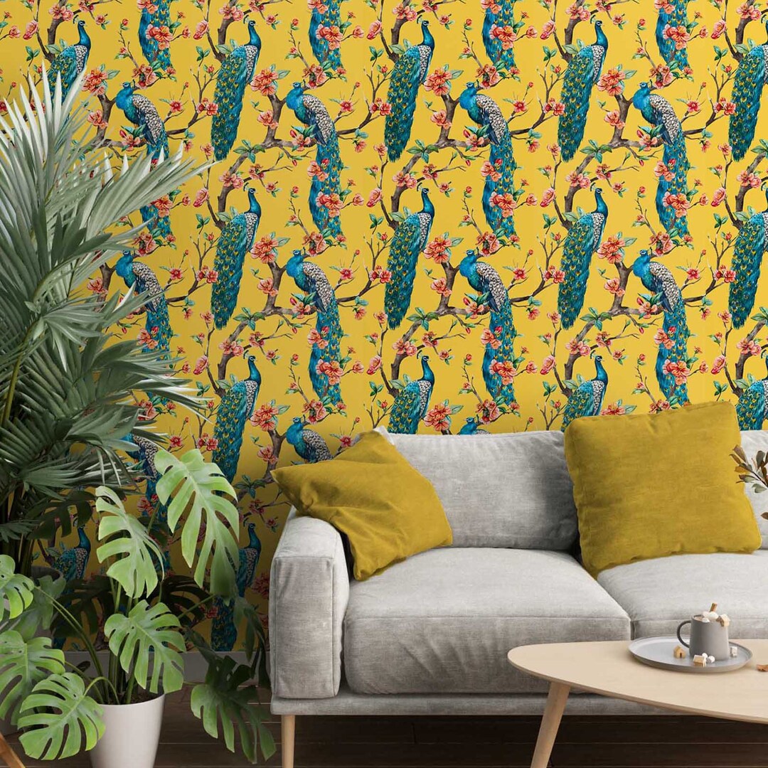 Yellow Peacocks Peel and Stick Wallpaper Summer Botanical Greenery ...