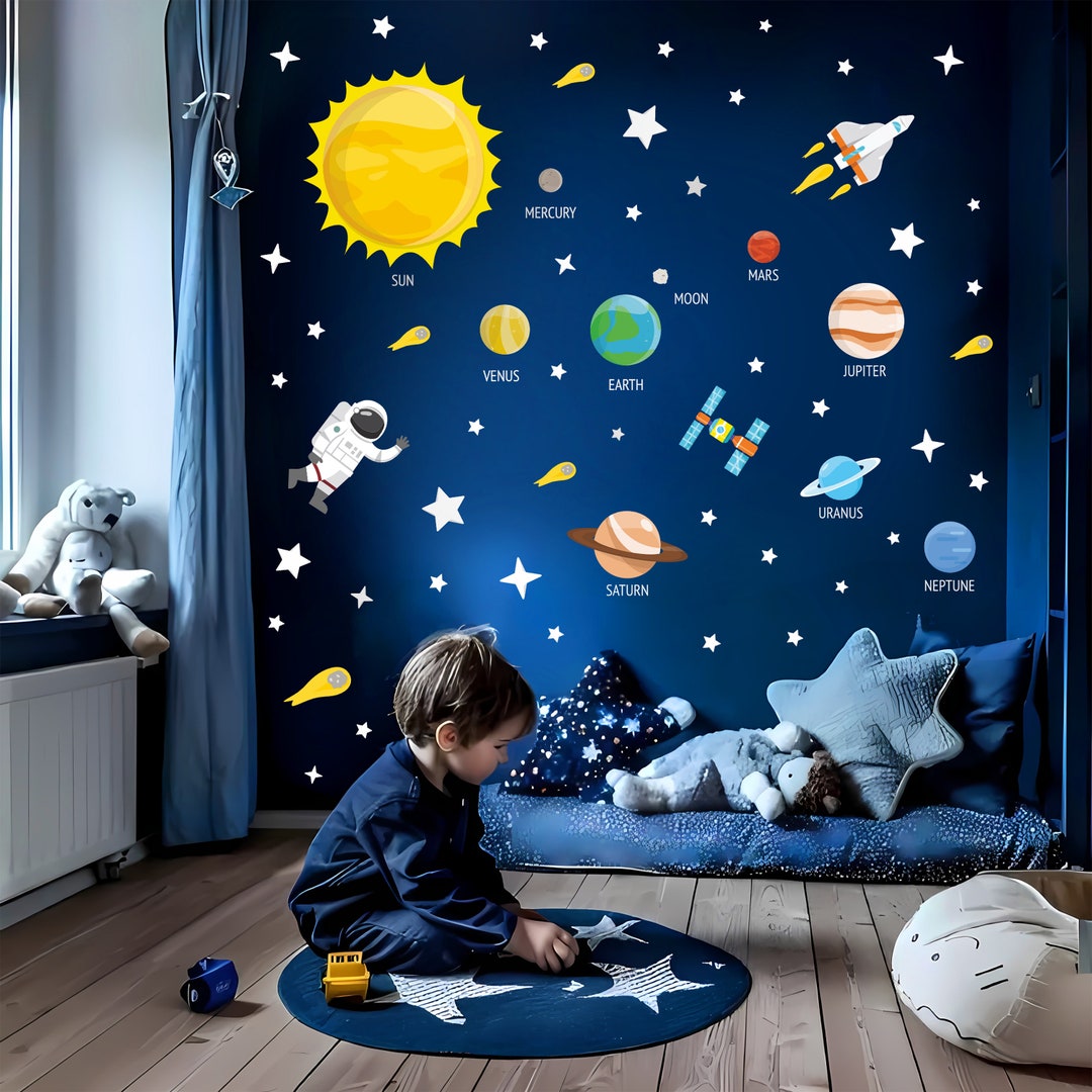 Planets Wall Decals Space Watercolor Solar System Nursery Kids Bedroom ...