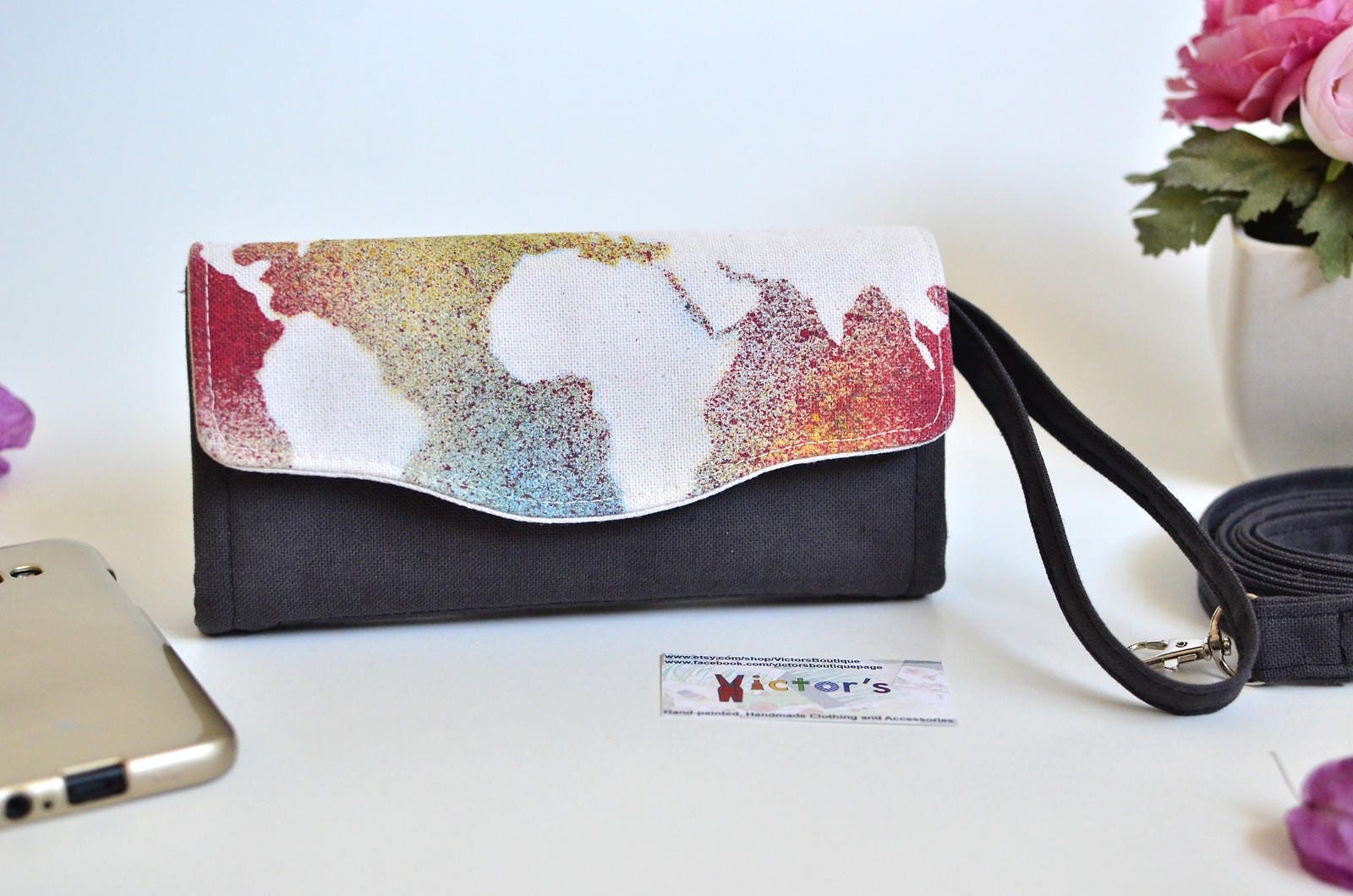 World Map Women's Wallet, Hand Painted Map Wallet, Gift for Travelers ...