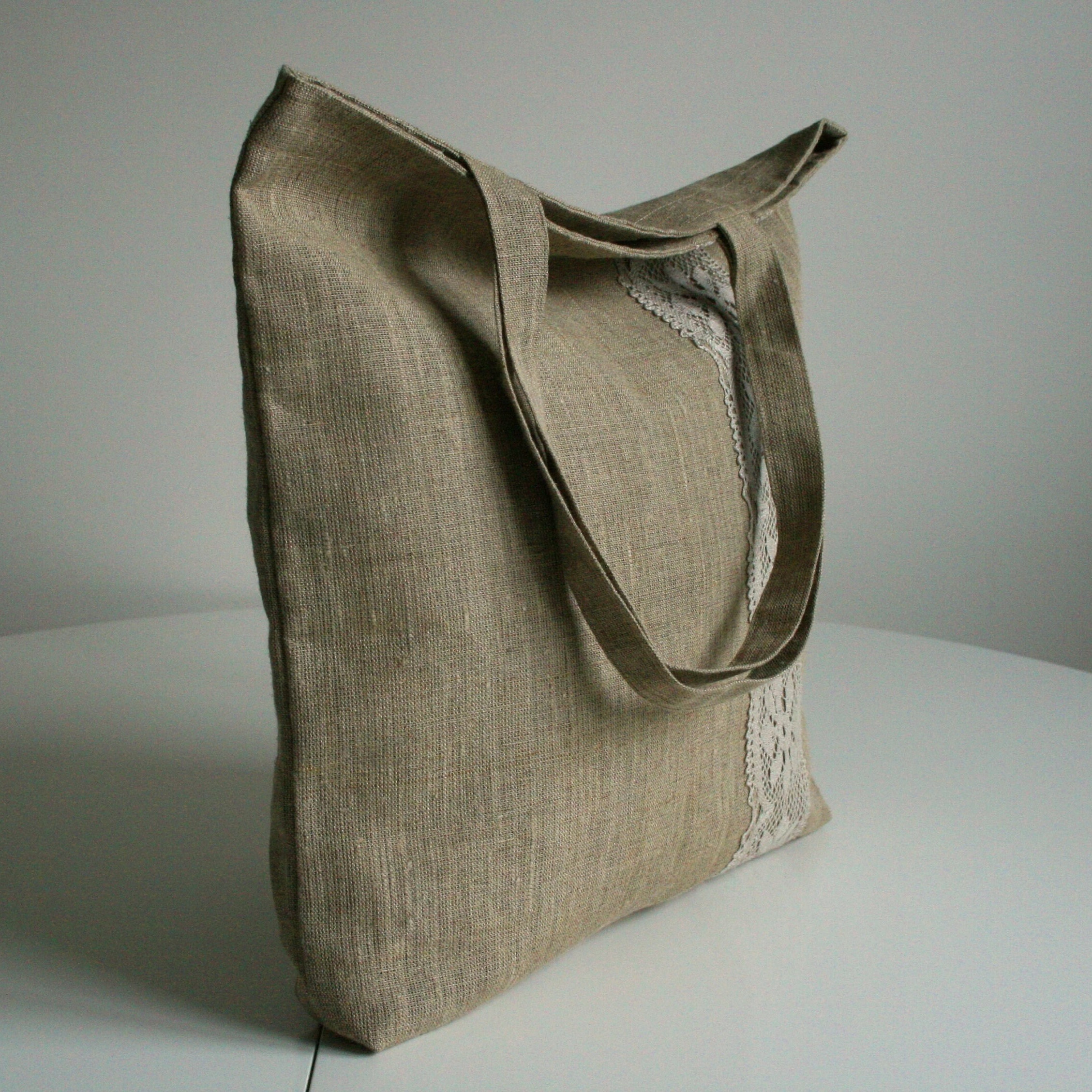 Burlap Tote Bag With Lace - Etsy