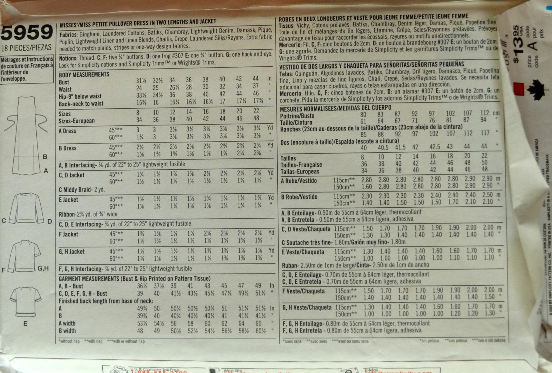 Uncut 2002 Simplicity Sewing Pattern 5959 Size 8-14 Misses'/miss Petite ...