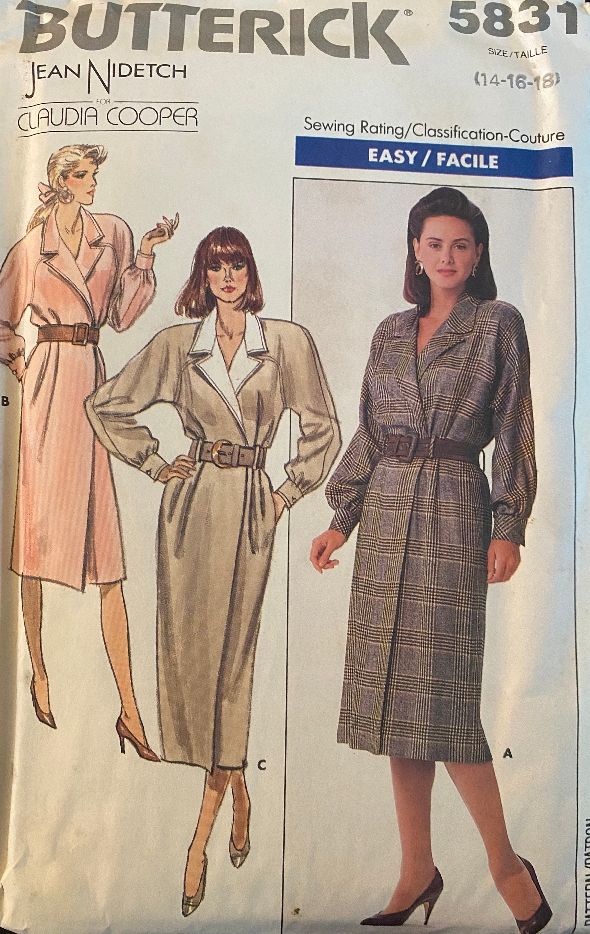 Uncut 1980s Butterick Vintage Sewing Pattern 5831, Size 14-16-18 Misses ...