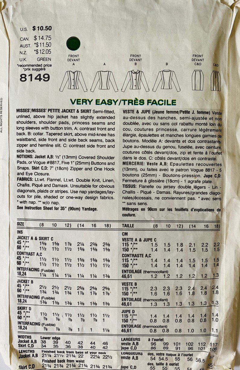Uncut 1990s Vogue Vintage Sewing Pattern 8149 Size 8-10-12 Misses ...