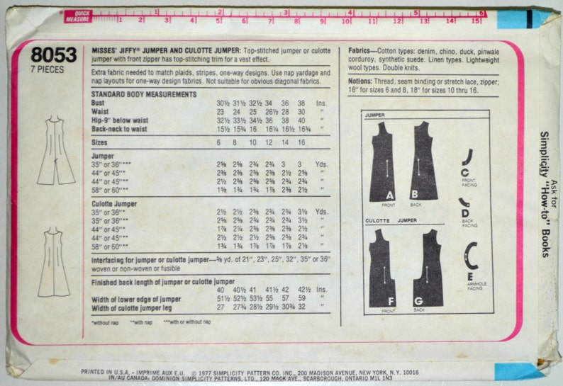 1970s Simplicity Vintage Sewing Pattern 8053, Size 6 & 8 Misses' Jumper ...