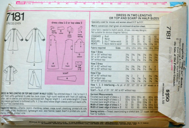 1970s Simplicity Vintage Sewing Pattern 7181, Size 16.5 Dress in Two-lengths or Top and Scarf in ...