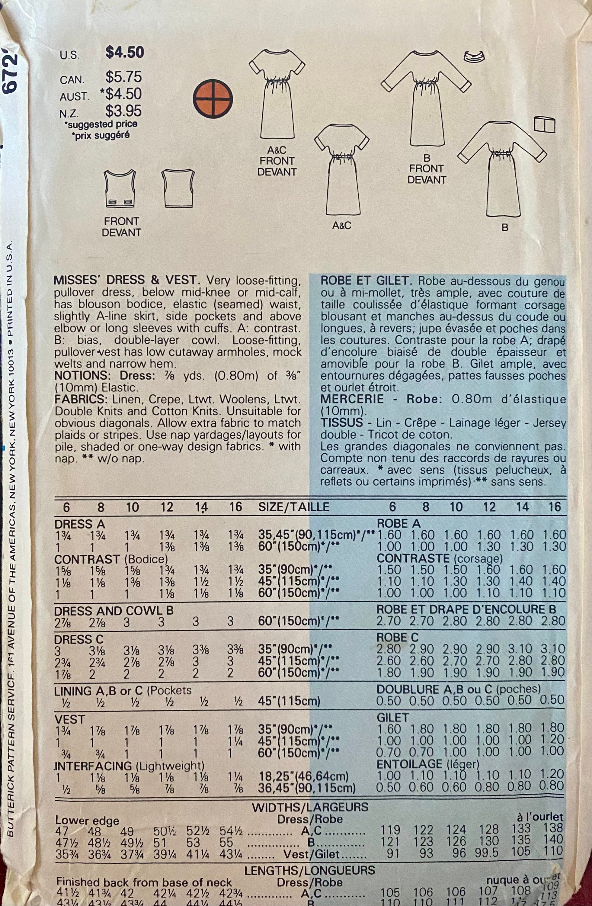 Uncut 1980s Butterick Vintage Sewing Pattern 6722, Size 12-14-16 Misses ...