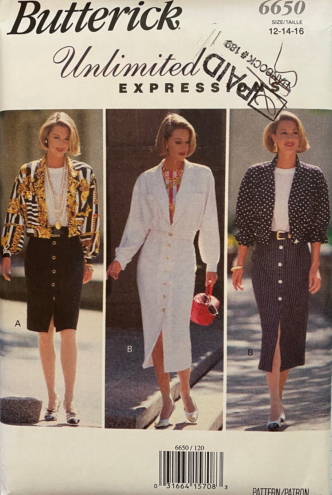 Uncut 1990s Butterick Vintage Sewing Pattern 6650, Size 12-14-16 Misses ...